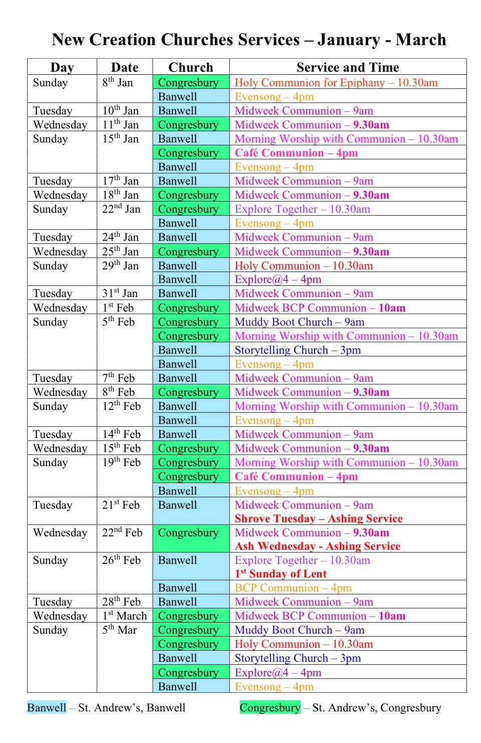 Services from now until March – New Creation Churches